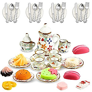 41 Pieces 1:12 Scale Miniatures Dollhouse Kitchen Accessories 15 Porcelain Tea Cup 16 Mini Doll Plate Knife Fork Spoon 10 Miniature Decor Dessert Pastry Cake Table Decor for Cook Party (Chic Style)