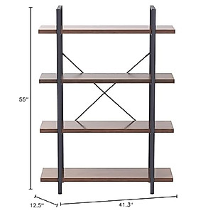 BELLEZE 4 Tier Modern Rustic Industrial Bookshelf, Open Wide Office Etagere Book Shelf, Wood and Metal Bookcases with Storage Display Rack - Hazel (Dark Walnut)