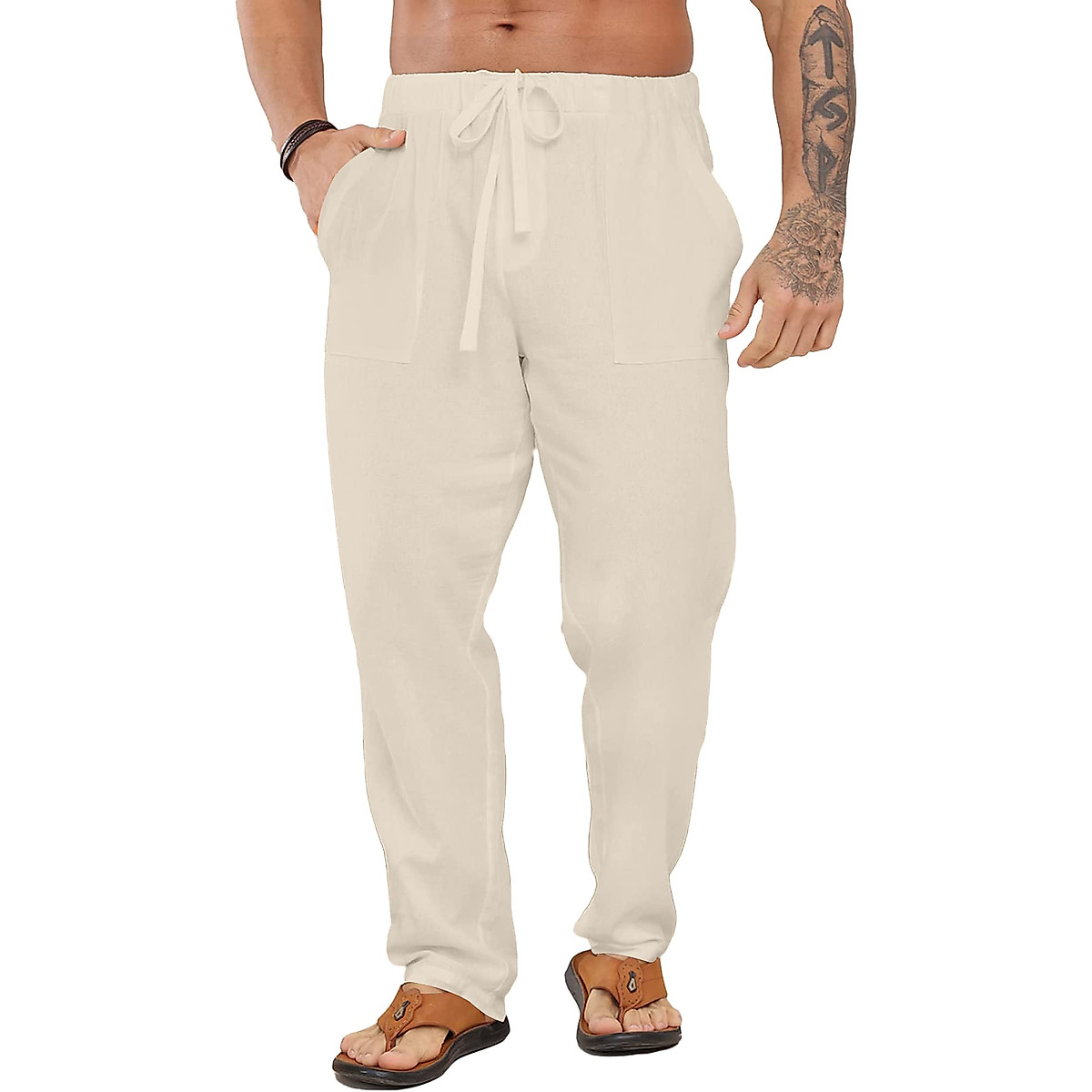 LVCBL Khaki Cotton Pants Men Casual Linen Beach Pants Drawstring Trousers,Khaki,M