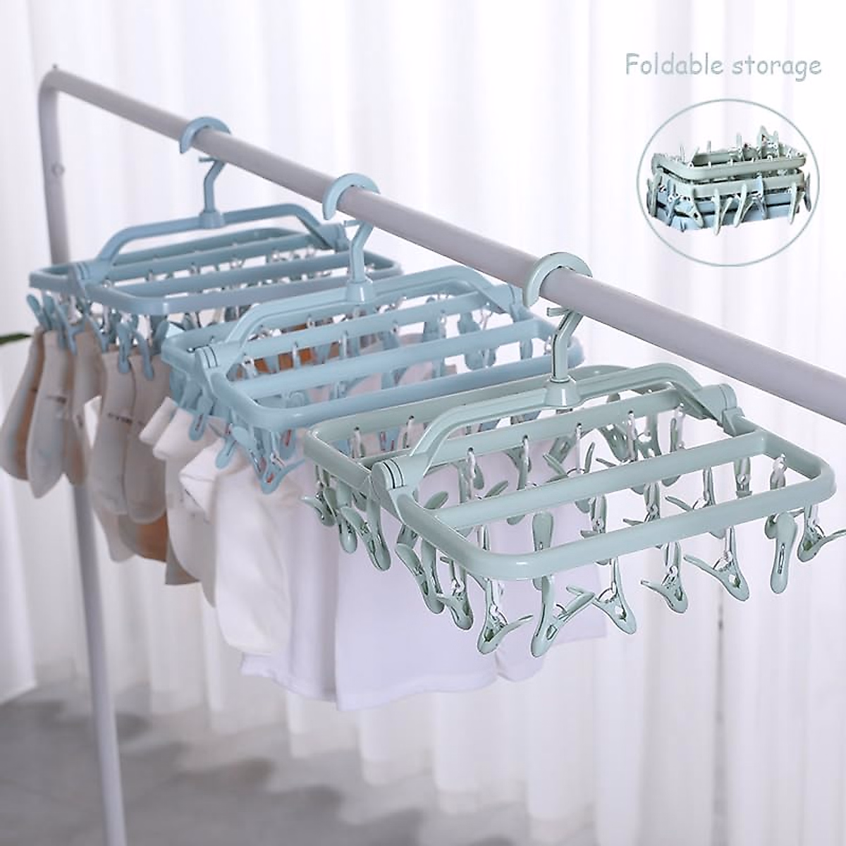 OIPKKUI Clothes Drying Racks, Foldable Laundry Drying Hanging Rack with 32 Clips Foldable Laundry Clip Hanger Underwear Hangers for Socks Towels Bras (Light Green)