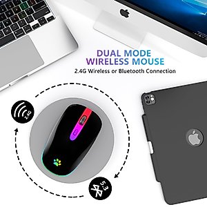FUWANG Wireless Mouse, Rechargeable LED Wireless Bluetooth Mouse,Portable USB Optical 2.4G Wireless Bluetooth Two Mode Computer Mice with USB & Type-c Receiver(Black)