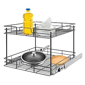 Pull Out Cabinet Organizer, Heavy Duty Metal Cabinet Drawers,Drawer Storage for Kitchen, Bathroom, Home,2 Tier Cabinet Pull Out Shelves (Grey)