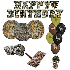 Havercamp Hunting Camouflage Birthday Party Kit (Deluxe Set; 1 Camo Birthday Banner, 3 Lanterns, 36 Cupcake Foils, 6 Buck Balloons, 1 Balloon Weight & 24 Straws) Next Camo Birthday Party Decorations.