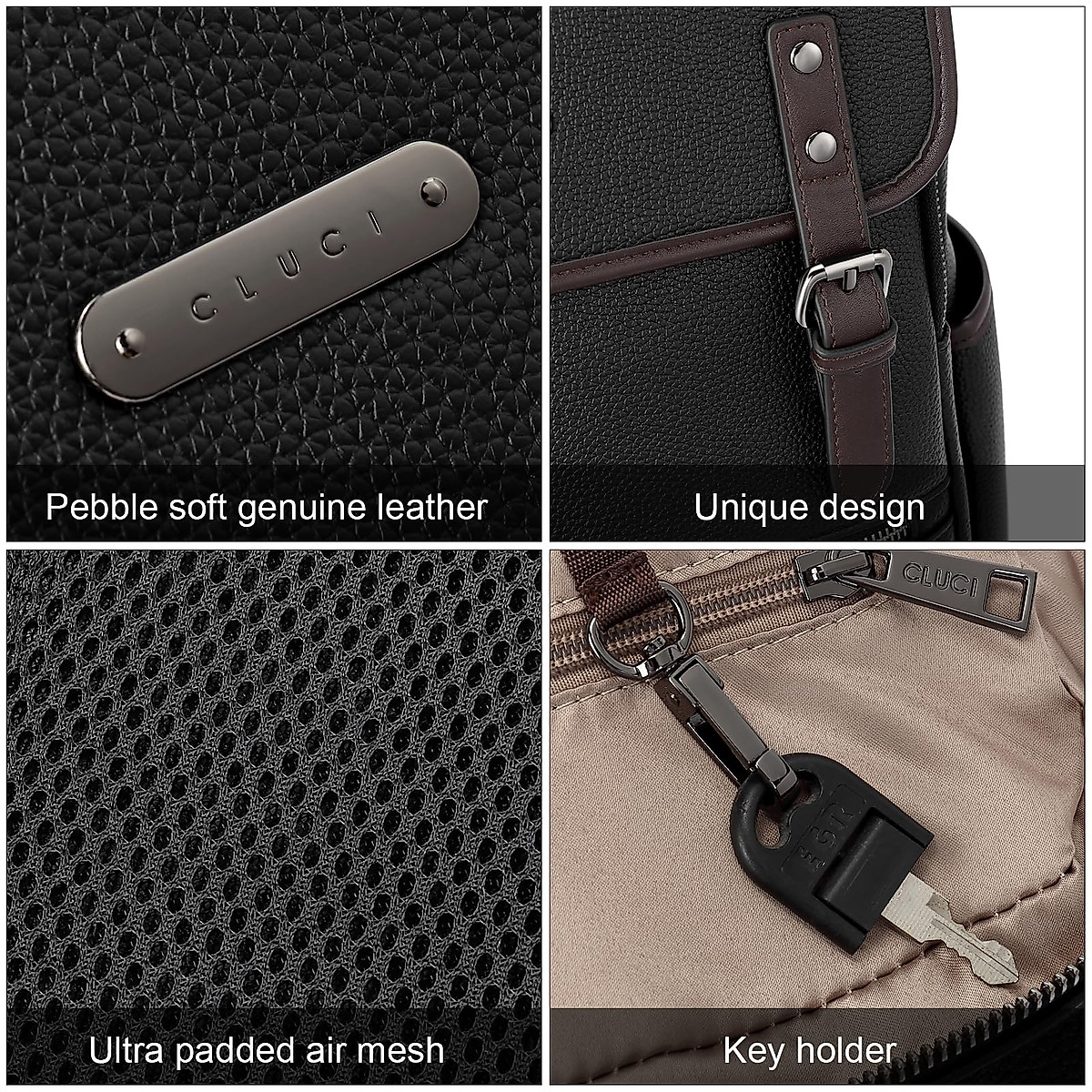 CLUCI Men Genuine Leather Backpack 15.6 Inch Laptop Backpack Business Travel Large Vintage Office Bag Flap Shoulder Bags Black