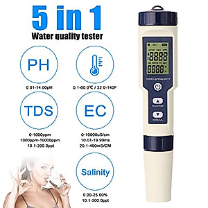 Water Quality Tester, Geevorks 5 in 1 PH/EC/TDS/Salinity/Thermometer Digital Multi-Function Tester with 3 PH Buffer Powders
