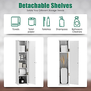 LUARANE Toilet Tissue Storage Tower, Toilet Paper Holder Stand with 4 Detachable Shelves Top Slot, Free Standing Paper Storage Organizer with Door, Floor Cabinet for Bathroom Kitchen, White