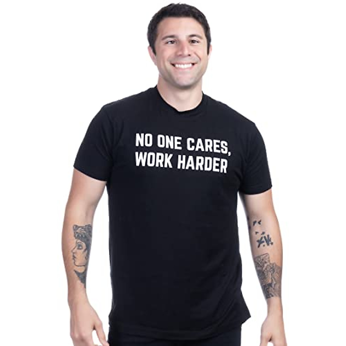 Ann Arbor T-shirt Co. No One Cares, Work Harder | Weight Lifting Saying Workout Tee Shirt, Motivational Phrase T-Shirt for Men-(Black,XL)