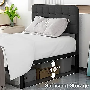 Likelalaso Twin Bed Frame with Upholstered Headboard, 12 inch Twin Metal Platform Bed Frame, Steel Slat Support, Noise Free, No Box Spring Needed, Easy Assembly, Black