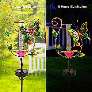 Juegoal 31.5 Inch Rain Gauge, Solar Powered Lighted Butterfly Garden Stakes Decor with 16 LED Warm White Copper Lights, Metal Yard Art Outdoor Lawn Pathway Patio Decorations