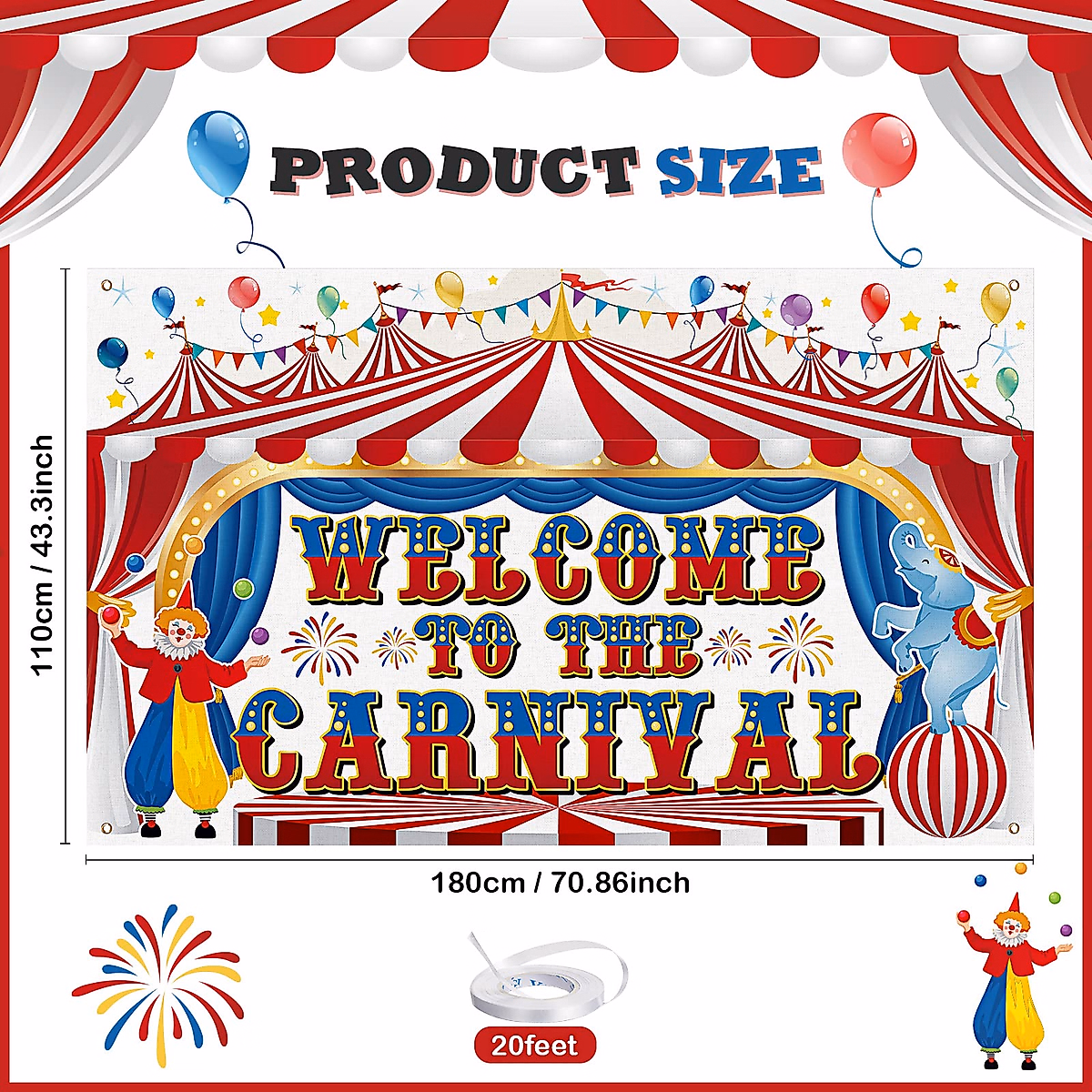 Large Circus Carnival Backdrop Welcome to the Carnival Banner Backdrop Photo Background for Carnival Circus Theme Party Decorations Kids Birthday Party Supplies Photo Booth Props, 71 x 43 Inch