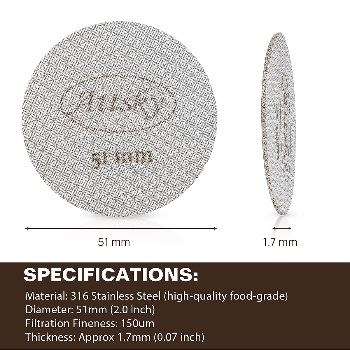 Attsky 51mm Espresso Puck Screen, Espresso Filter for 51mm Portafilter Filter Basket, Reusable Espresso Screen with 1.7mm Thickness 150μm 316 Stainless Steel