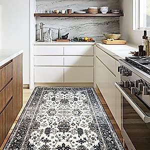 VK VK·LIVING Washable Rug 5x7 Area Rug for Living Room Bedroom Rug Lightweight Large Area Rug Thin Vintage Rug No Smell Machine Washable Rug for Dining Room Home Kitchen, Darkgrey&Olive Green