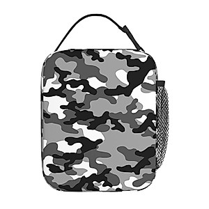 SUPLUCHOM Lunch Box Black White Camo Camouflage Insulated Bag Reusable with Side Pocket for Work School Picnic Hiking Daytrip Kids Boy Men Student Over 3 Years Old