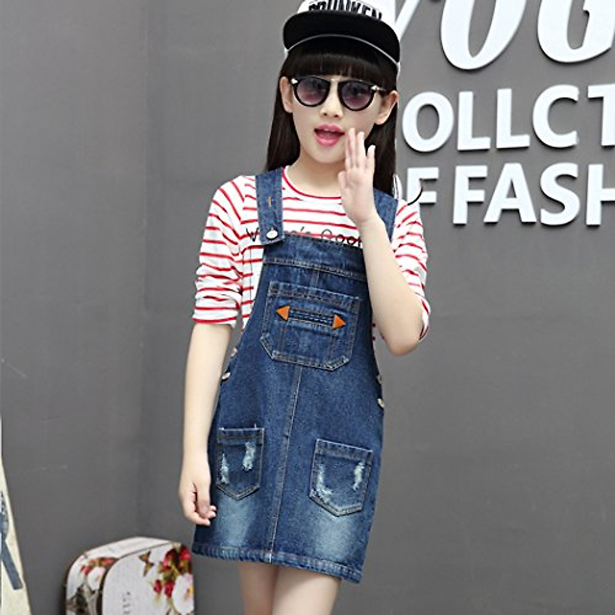 KIDSCOOL SPACE Girls Bibs Pocket Adjustable Straps Casual Jean Overall Dress,Blue,6-7 Years