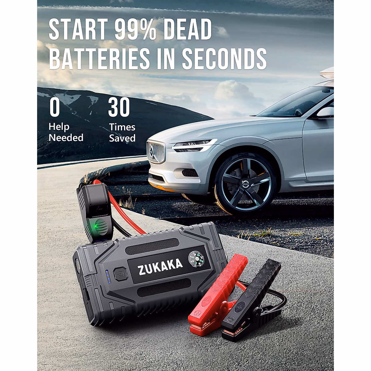 ZUKAKA Car Jump Starter 1500A Peak 15800mAh Battery Starter Up to 7L Gas and 5.5L Diesel Engine 12V Auto Jump Starter Box Power Bank with USB and Type C Port Jump Box with LED Light
