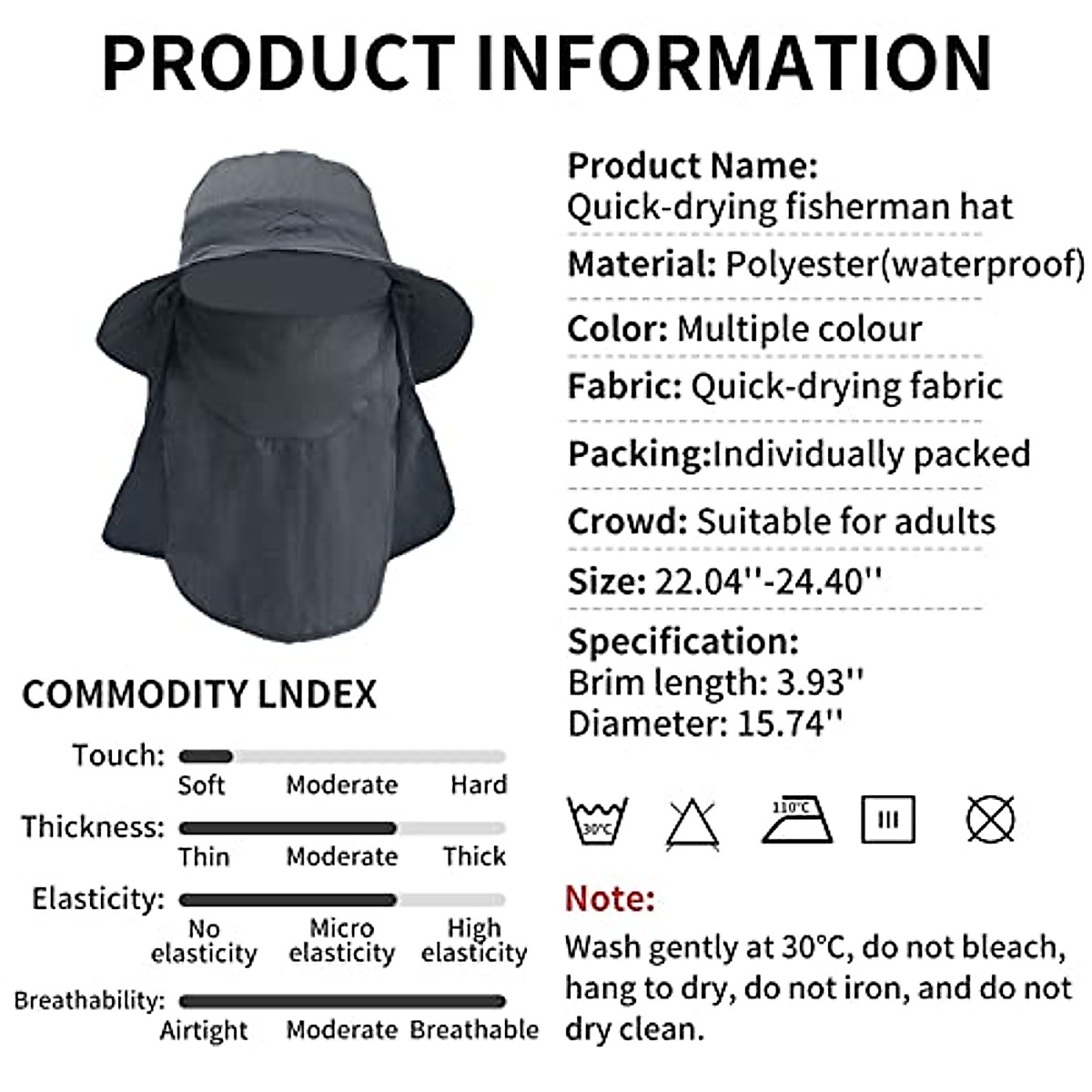 Men's Wide Brim Sun Fishing Hat Outdoor UPF 50+ Sun Protection with Removable Face and Neck Flap Dark Grey