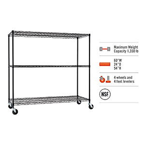 TRINITY Basics 3-Tier Adjustable Wire Shelving with Wheels for Kitchen Organization, Garage Storage, Laundry Room, NSF Certified, 600 to 1350 Pound Capacity, 60” by 24” by 54”, Black