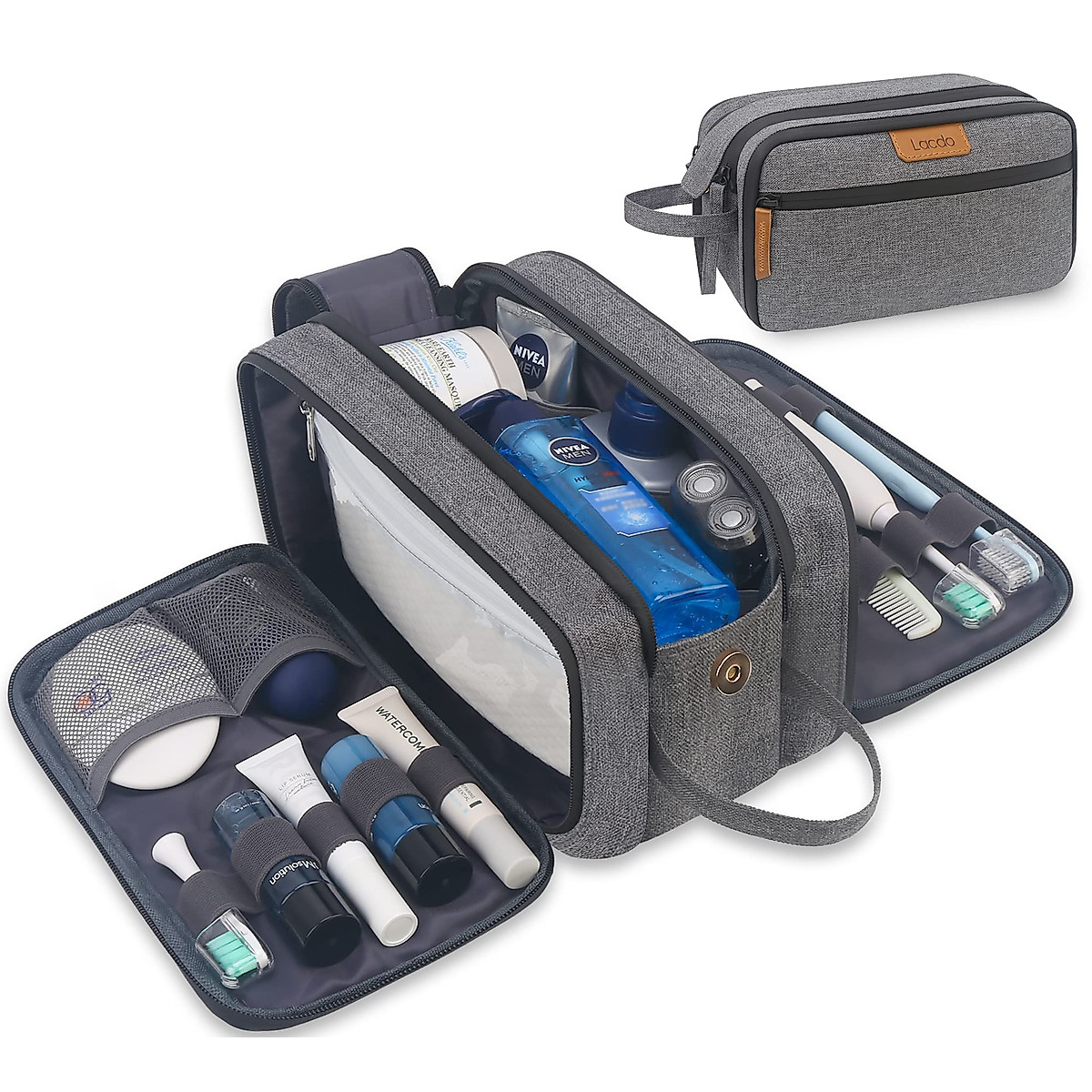 Lacdo Toiletry Bag for Men, Travel Toiletry Organizer Dopp Kit Water-Resistant Large Shaving Bag for Toiletries Accessories Cosmetic Bags, Gray