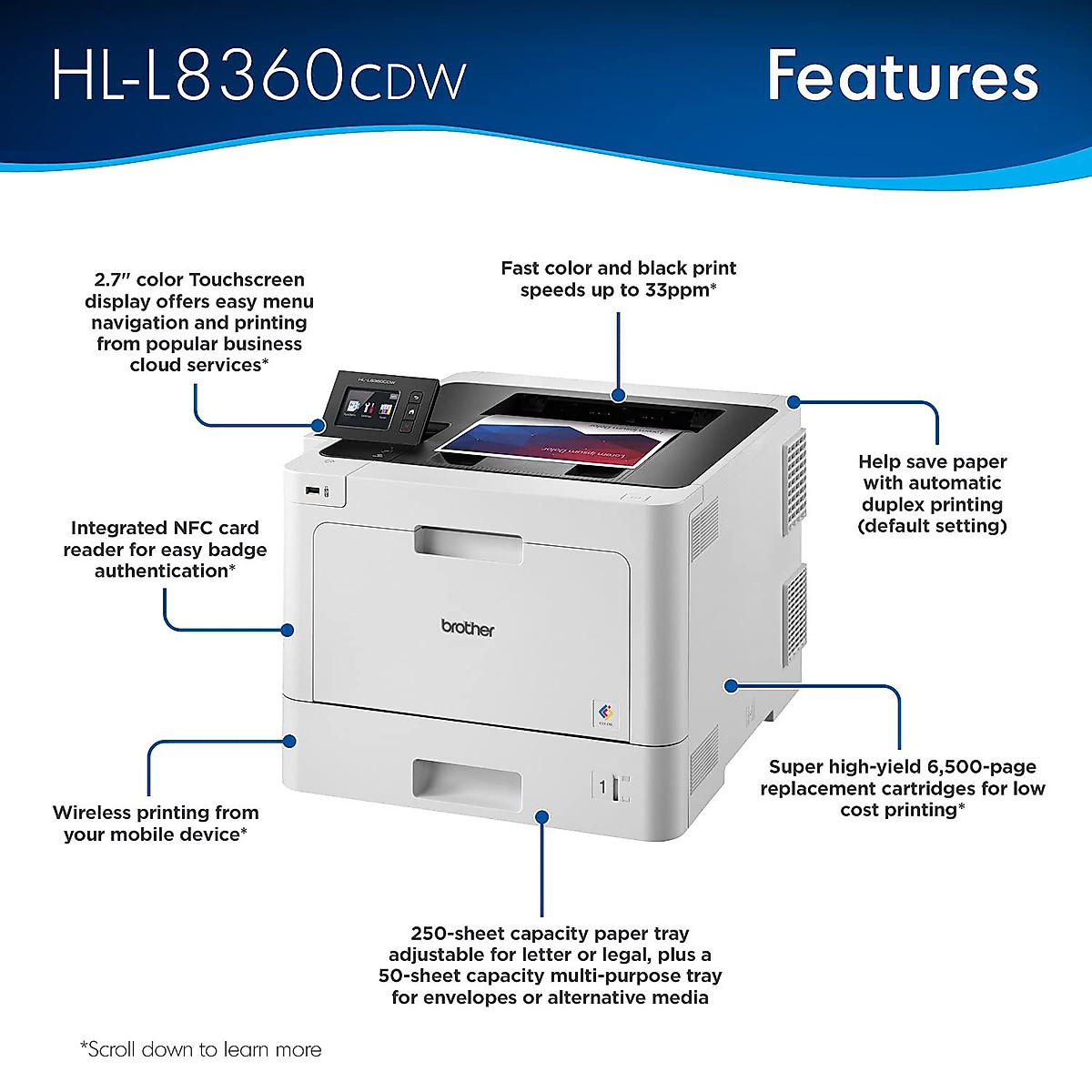 Brother HL-L8360CDW Business Color Laser Printer, Wireless Printing, White, 2.7" Color Touchscreen LCD, Speed Up to 33ppm, Cloud Printing, Auto 2-Sided Printing, NFC Connectivity, Ethernet