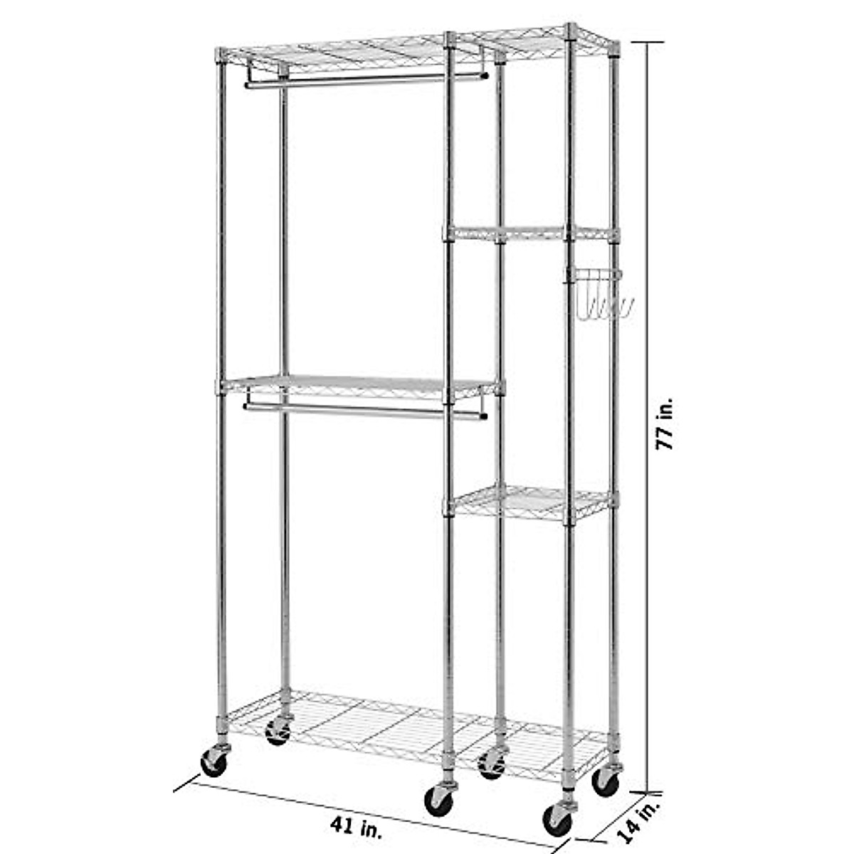 TRINITY EcoStorage Rolling Garment Rack with Shelves Hooks for Clothing Storage for Bedroom, Closet Organization, Entryway, and More, Chrome, 41” W x 14” D x 76” H