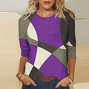 Sales Today Clearance Workout Tops for Women 3/4 Sleeve Crew Neck Color Block Irregular Shirts Basic Business Comfortable Loose Blouses Purple 2XL