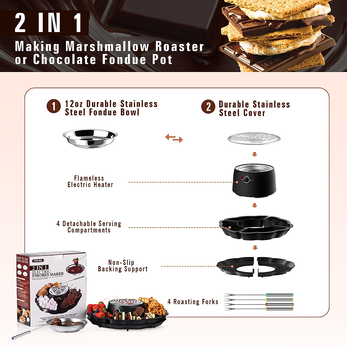 2 In 1 Smores Maker & Fondue Set, Tabletop Indoor Smores Kit, Marshmallow Roaster with Temp Control, 4 Detachable Trays & 4 Roasting Forks and 1 Heated Bowl, Movie Night Supplies & Housewarming Gifts