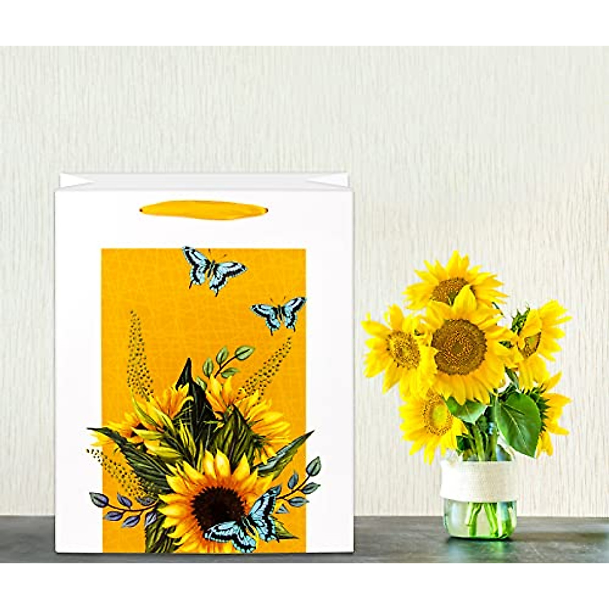 XJF 13in Large Sunflowers Gift Bag,Watercolor Flowers Gift Bag with Tissue Paper,Sunflowers Gift Bag for Birthdays,Mothers Day,Anniversary,Baby Shower,Bridal Shower,Yellow