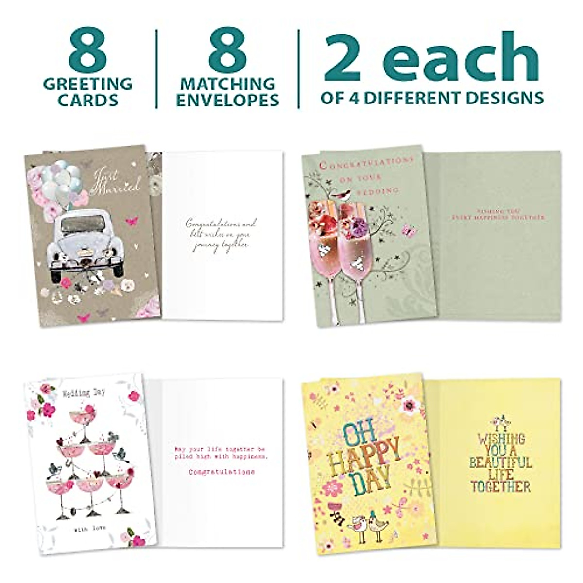 Tree-Free Greetings Wedding Greeting Cards Assortment - 4 Unique Congratulations Designs - Pack of 8 Individual Cards + Matching Envelopes, 5" x 7" (GA31462)