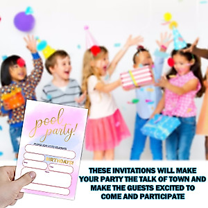 Watercolor Glitter Pool Party Birthday Party Invitation, Water Slide Pool Birthday Party Invite for Kids Girls Boys, Summer Birthday Party Celebration Supplies, 20 Invitations with Envelopes - JY773