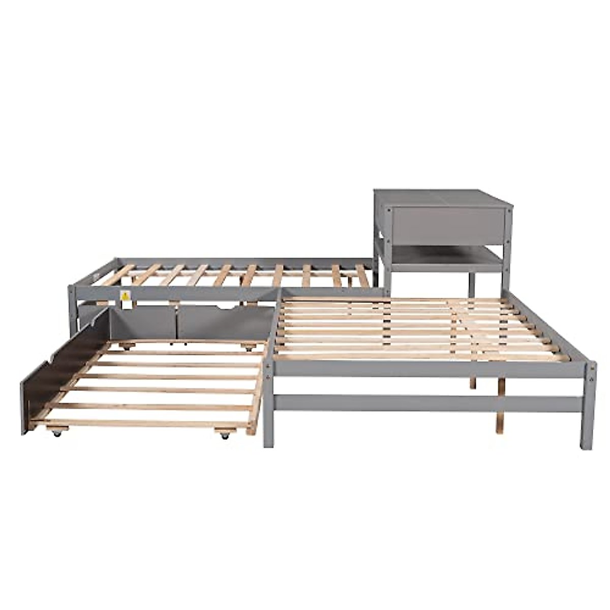 MOEO L-Shaped Full Size Platform Bed with Trundle and Drawers Linked w/ Built-in Desk for Kids, Bedroom, Teens, Adults, No Box Spring Needed, 3 Wood Bedframe in 1, Gray