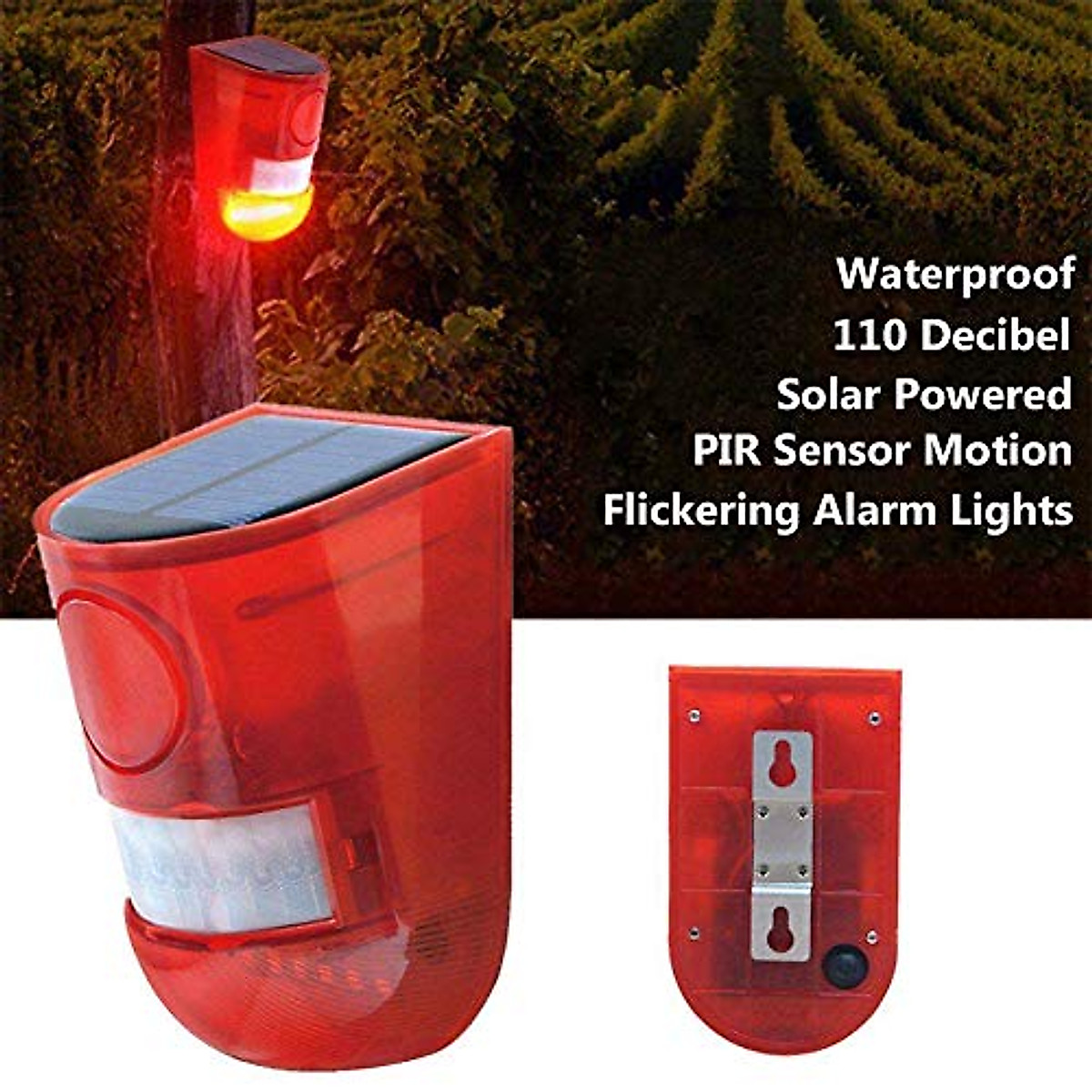 Solar Sound & Light Alarm Motion Sensor 110 Decibels Siren Sound Alert & 6LEDs Flash Warning Strobe Security Alarm System for Farm Villa
