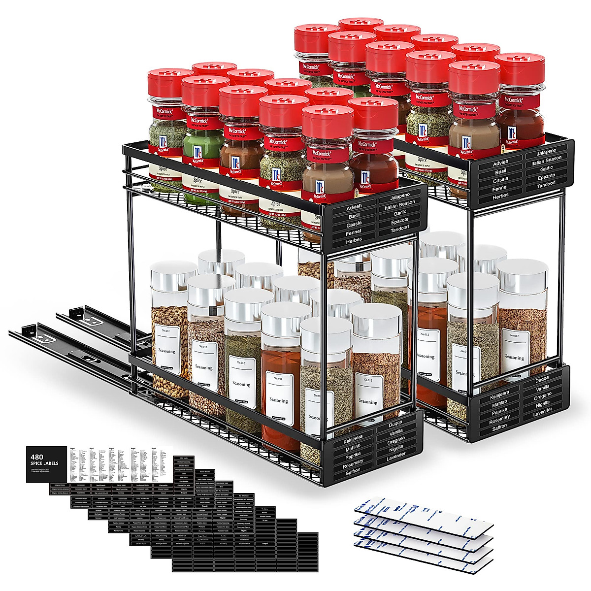 Xpatee [2 Pack Pull Out Spice Rack Organizer for Cabinet with 480 Labels, 2-Tier Heavy Duty Slide Out Seasoning Organizer for Kitchen Cabinets , Sliding Cabinet Organizer 4.6" W x10.3 D x9 H