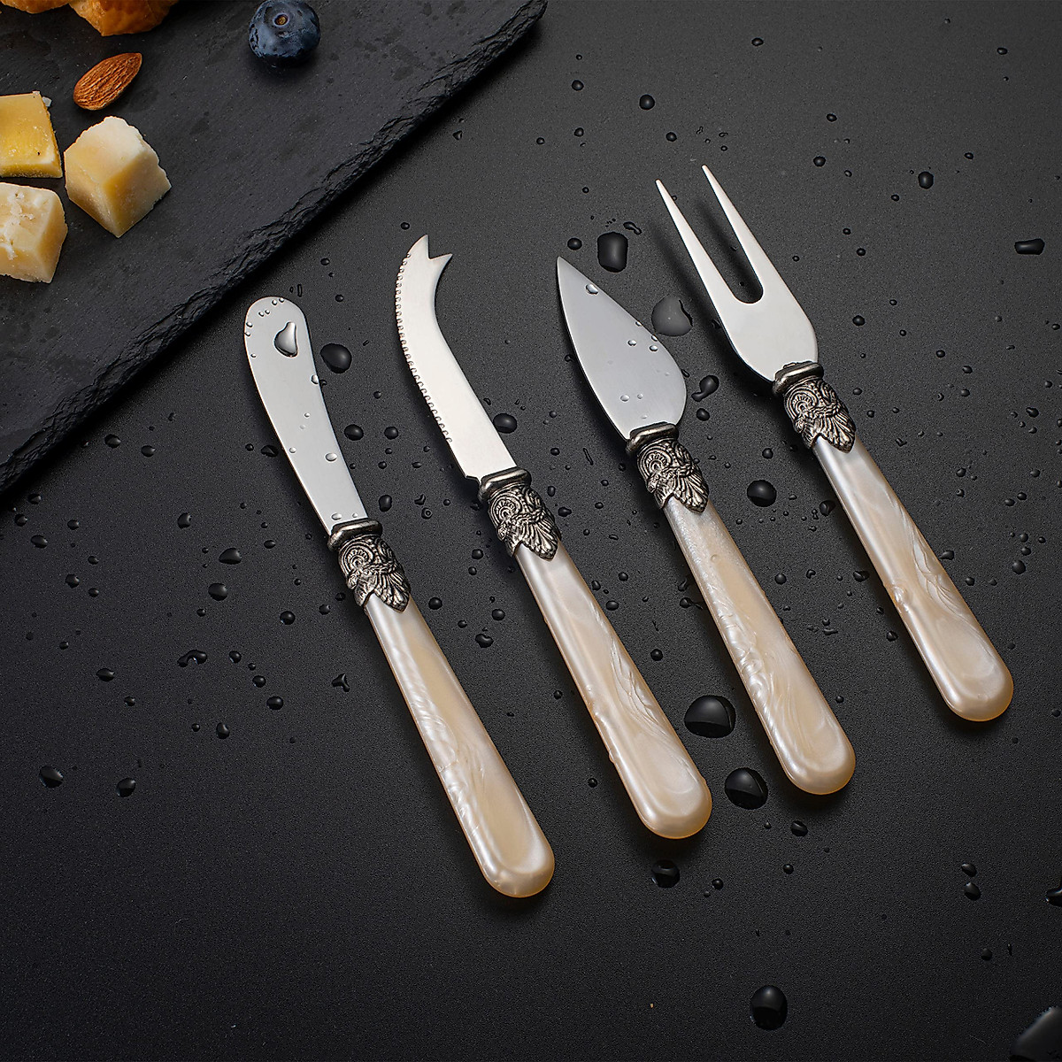 CATHYLIN 4-Pierce Cheese Knife Set For Charcuterie Board,Stainless Steel Cheese Knife Set With Acrylic Handle (Champagne,Gift Ready)