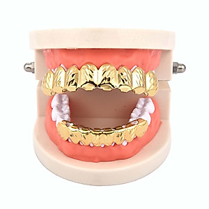 LKV 14K Plated Gold Hip Hop Rugged 8 Teeth TOP and Bottom Grillz for Your Teeth Set for Men and Women