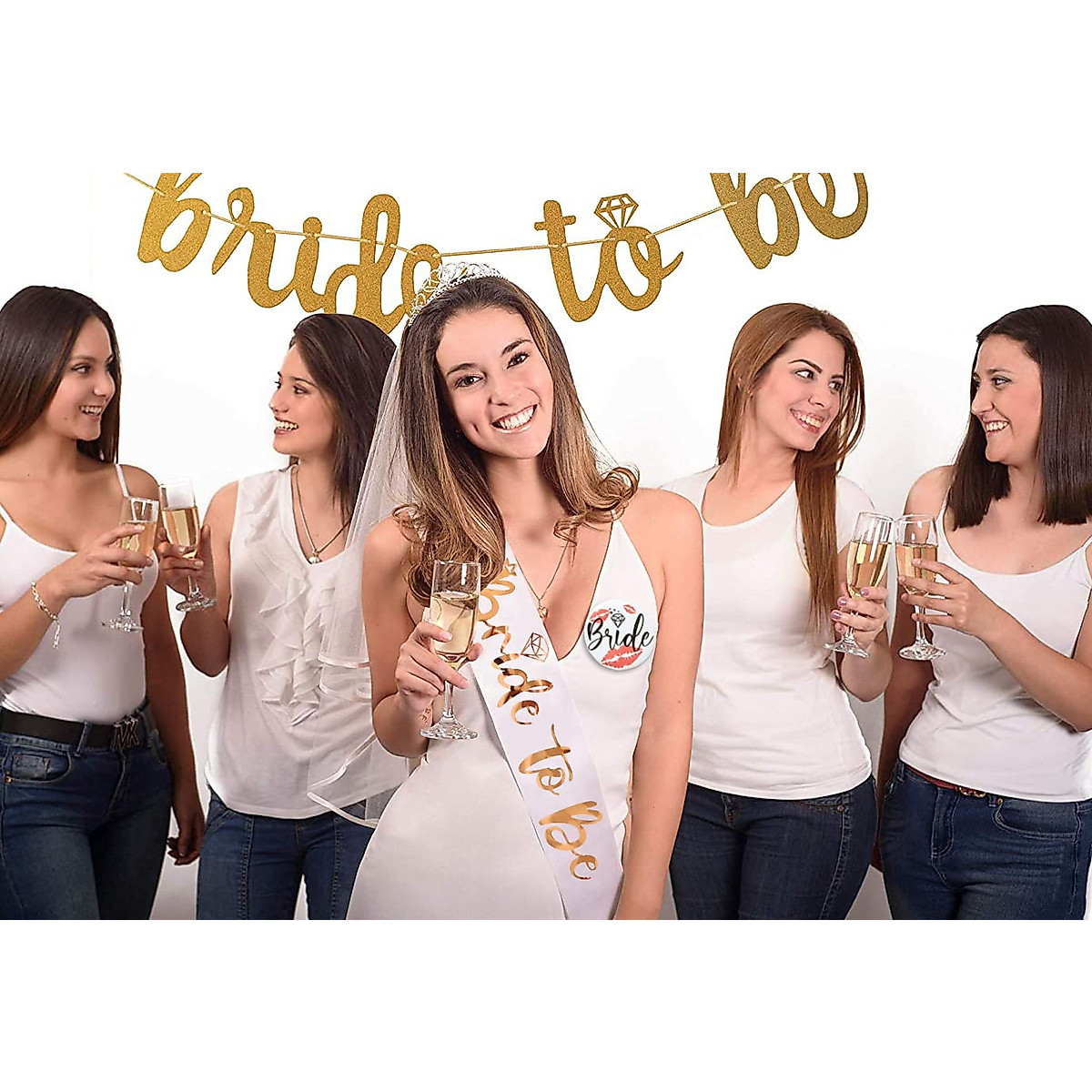 Docooniver Bride to be,Bridal Shower Decorations,Bridal Shower Favors,Sash,Tiara,Veil,Tattoos,Badges 7 Pack Kit for Bachelorette and Wedding Party Supplies,Bride and Groom to be sash,Gifts for Bride.