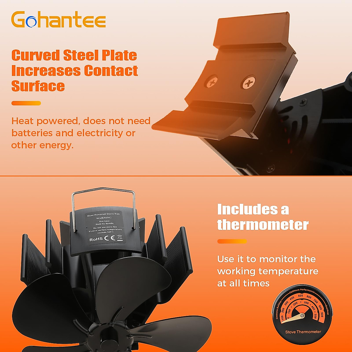 gohantee 5 Blades Stove Fan Heat Powered Fireplace Fan Hanging on Chimney Pipe for Wood Log Burner Fireplace Slient Efficiently Heat Distribution Eco-Friendly with Thermometer