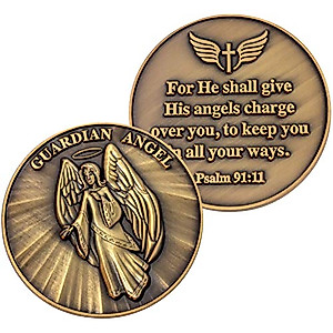 Guardian Angel Christian Challenge Coin, Pass Along Token of Assurance and Peace, Handout for Sunday School or Kids Church, Antique Gold-Color Plated Psalm 91 Gift