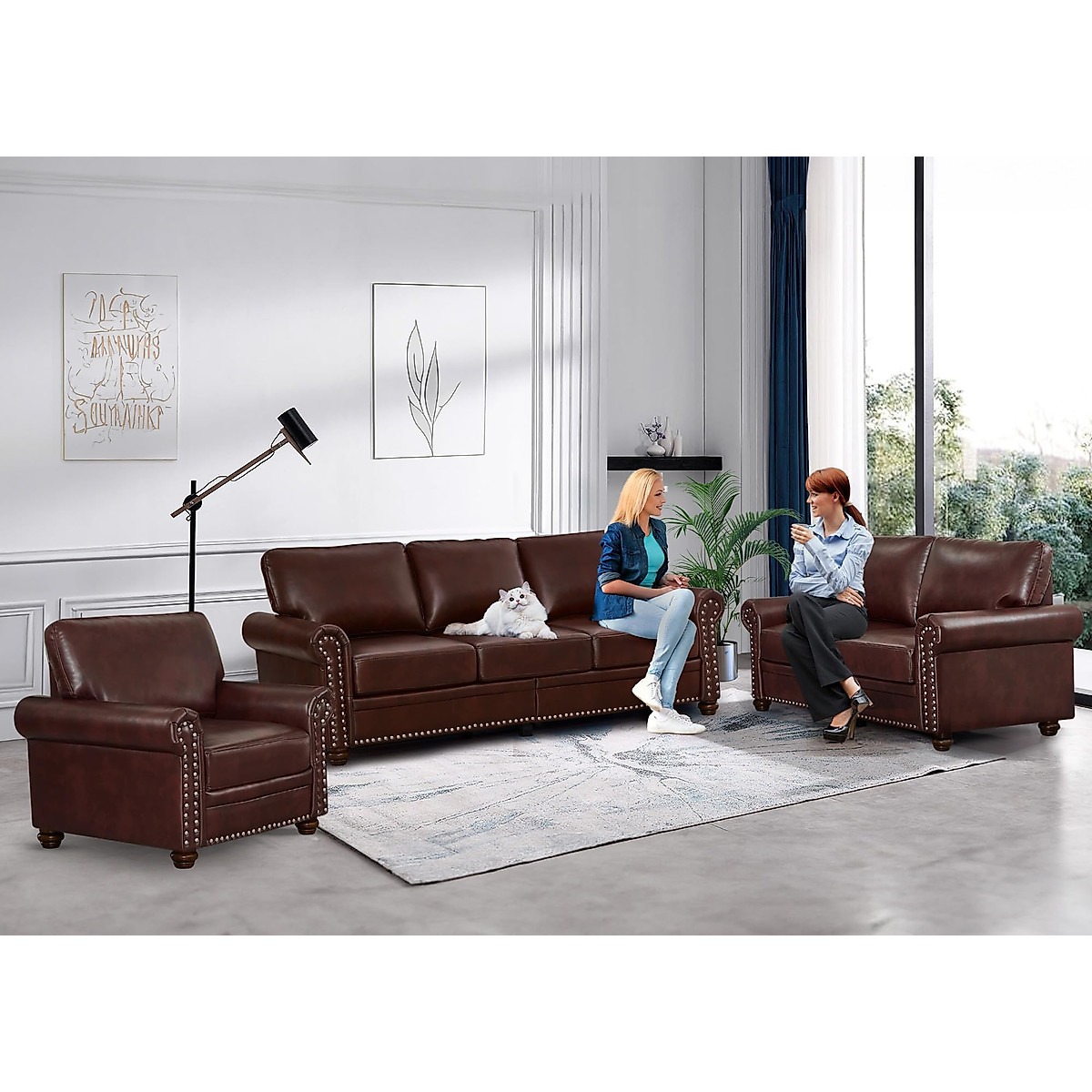 3 Piece Faux Leather Sofa Set,Mid Century Modern Couch and Loveseat Sets with Storage,Comfy Deep Seat Sofa with Nailhead Trim & Rolled Arm for Living Room,Office(Armchair+Loveseat+3 Seater,Burgundy)