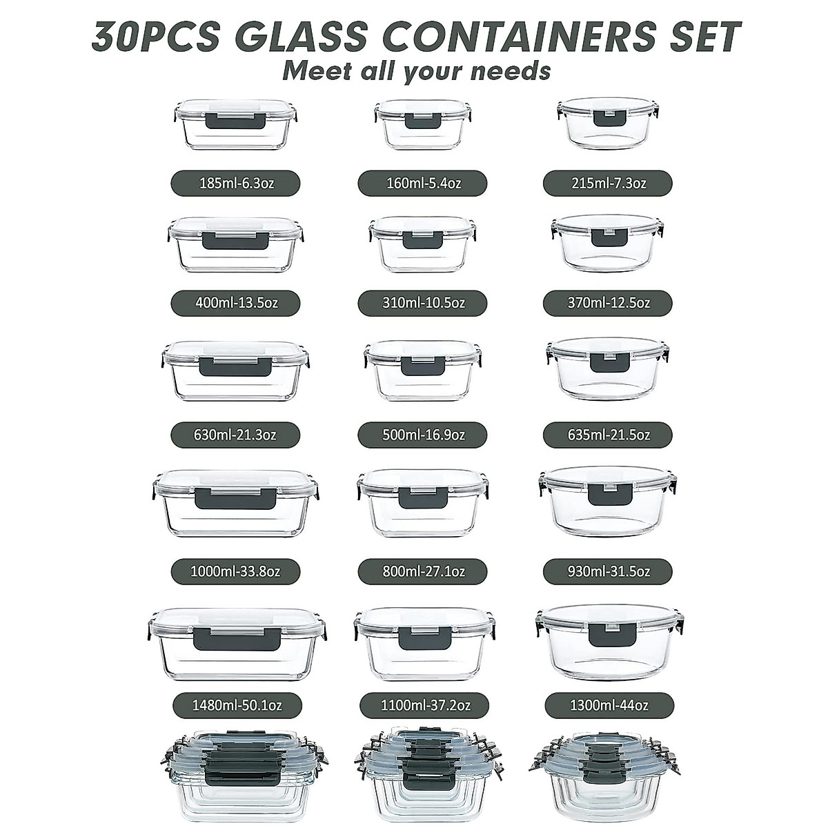 VERONES 30 Pieces Glass Meal Prep Containers Set, Airtight Glass Lunch Containers, Stackable Glass Food Storage Containers with Lids, for Microwave, Oven, Freezer & Dishwasher Friendly,Gray