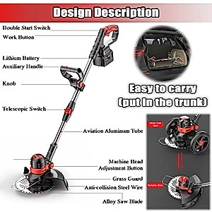 Electric Weed Wacker Battery Powered Weed Eater, 120cm-170cm Cordless String Trimmer Battery Powered Weed Wacker Lightweight Grass Cutter Machine with Battery, Charger and Wheel