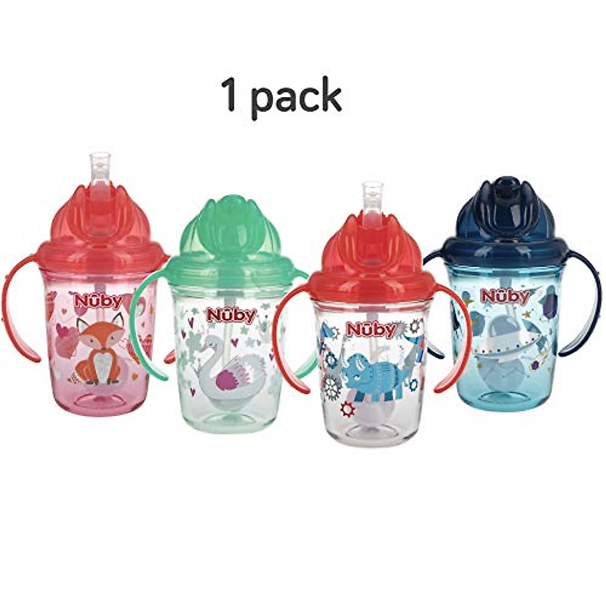Nuby No Spill Flip N Sip 2 Handle Tritan 360 Weighted Straw Glitter Print - 8oz/ 240 Ml/ 12 M+, Colors Vary: Blue Space, Red Dinosaur, Pink Fox, Green Swan