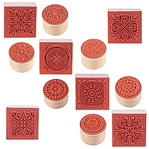 Aulufft 12 Pieces Wooden Stamps Floral Pattern Circles and Squares Decorative Rubber Wooden Stamps for DIY Craft Card and Scrapbooking