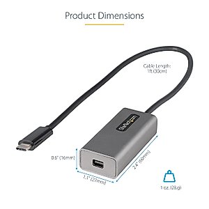 StarTech.com USB C to Mini DisplayPort Adapter, 4K 60Hz USB Type C to mDP/Mini DP Monitor Video Converter Dongle, Thunderbolt 3 Compatible, 12" Attached Cable, Upgraded Version of CDP2MDP (CDP2MDPEC)