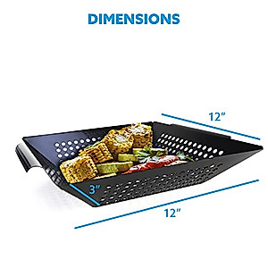 Kona Best Vegetable Grill Basket - Safe/Clean Porcelain Enameled BBQ Grilling Basket (Large 12x12x3 inches) for Veggies, Kabobs, Seafood, Meats