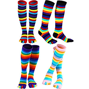 Zhanmai Rainbow Thigh High 5 Toe Socks, 4 Pairs, Cotton, Breathable, Women's, One Size, Striped, Leg Warmers, Fun, Party, Casual