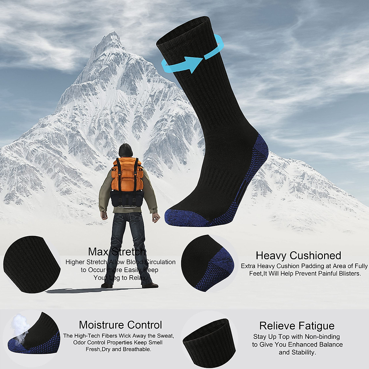 Ortis Men's Cotton Cushion Crew Socks Moisture Wicking Breathable Thick Warm Thermal for Athletic Heavy Duty Work Boot(BlackBlue L)