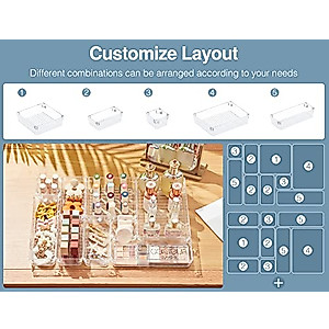 Puroma 10Pcs Drawer Organizer Set 5-size Versatile Vanity and Bathroom Drawer Organizers, Clear Plastic Desk Drawer Organizer Trays and Customize Layout Storage Bins for Makeup Kitchen Office (Clear)