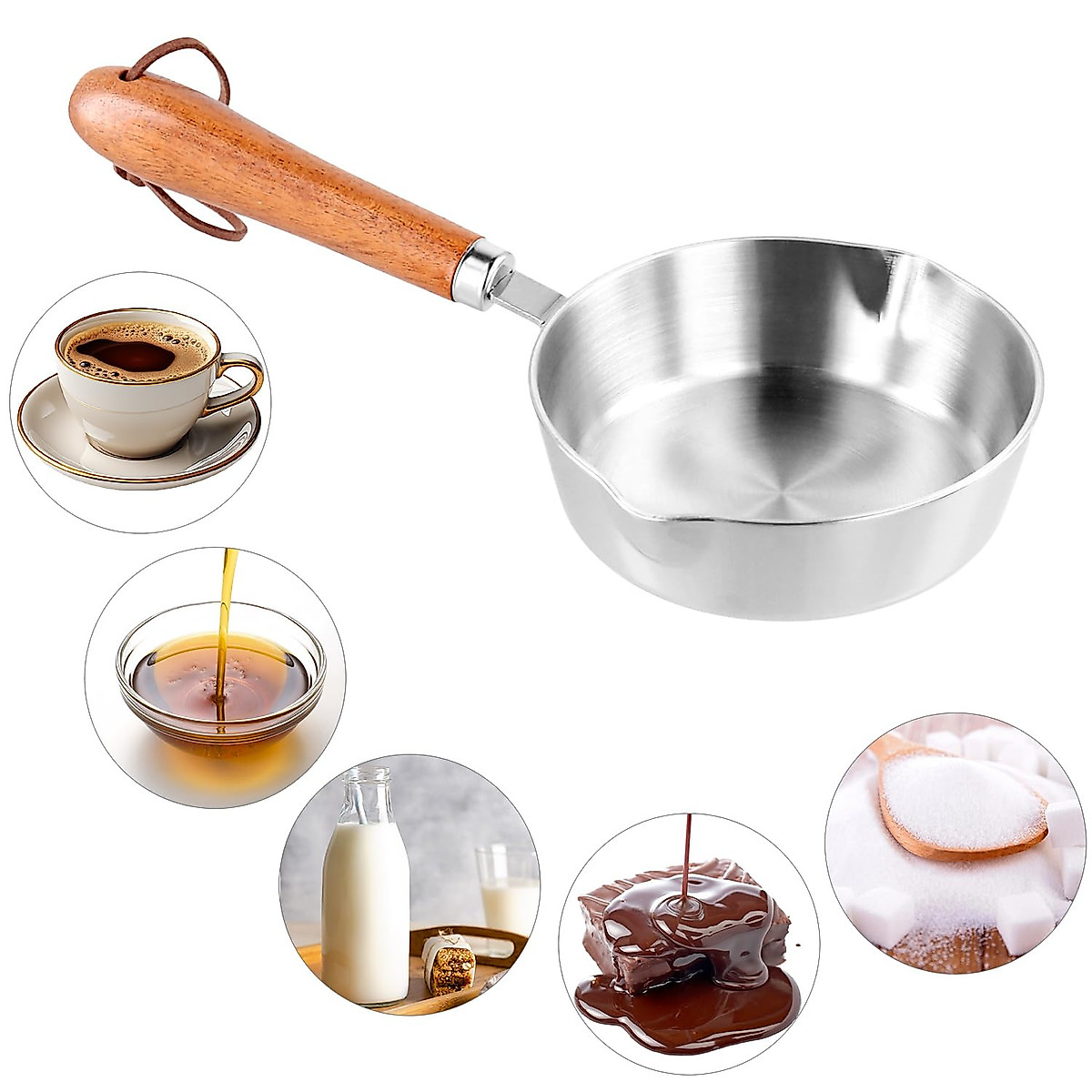 QWORK Butter Warmer Pot with Wooden Handle, Stainless Steel Milk Frothing Pitcher, 6.8oz Milk Warmer Pot Sauce Pan - Dual Pour Spouts, for Coffee, Latte Art, Melting Chocolate, Heating, and Cooking