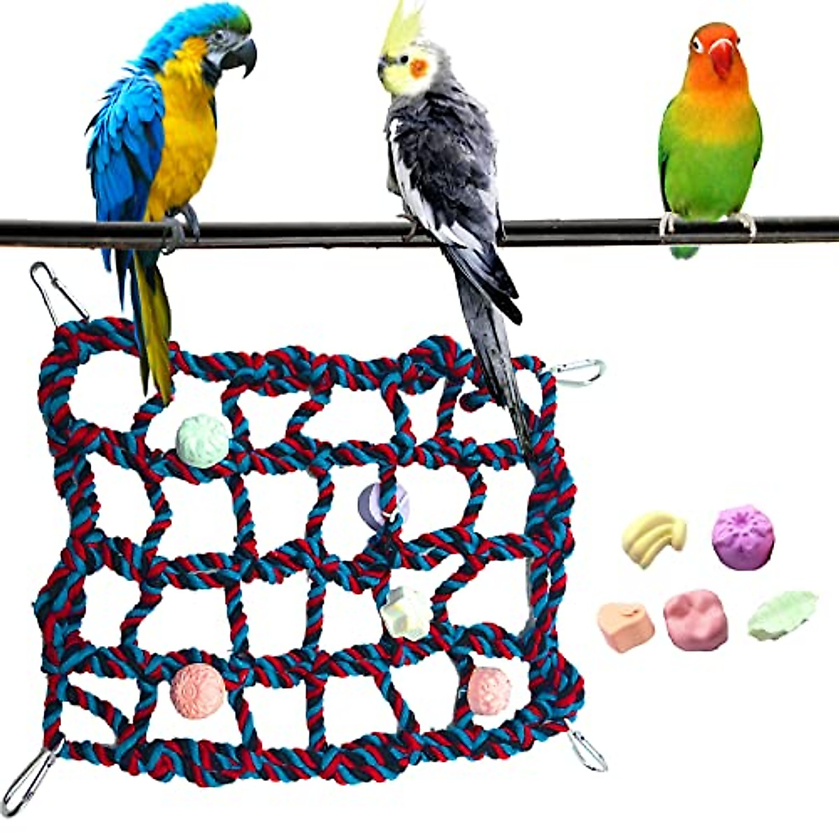 Bird Hemp Rope Net Swing Toy Parrot Perch Climbing Ladder Hanging Hammock with 10 Random Lava Block Stone Small Animal Cage Accessories for Cockatiel Budgie Lovebirds Canaries