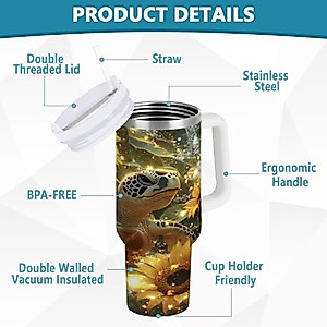 Slewiaeky Tumbler with Handle 40 oz Skinny Turtle Ocean Travel Mug with Lid and Straw Sunflower Stainless Steel Vacuum Insulated Water Bottle Cup for Iced Tea Coffee Cold Beverages Cup Holder Friendl